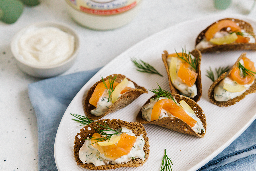 Buckwheat tuiles with PDO Crème Fraîche d’Isigny, smoked salmon, dill ...